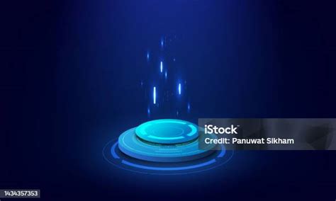 네온과 미래 지향적 인 서클 포털 무대 연단 실험실 홀로그램 환상적인 효과가있는 마법의 텔레포트 프리젠 테이션 제품을위한 사이버 펑크 3d 연단 기술 실험실 3d Hud