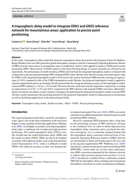 A Tropospheric Delay Model To Integrate Era5 And Gnss Reference Network