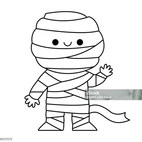 벡터 흑백 카와이 미라 아이들을위한 귀여운 미소 할로윈 라인 캐릭터 재미있는 가을 모든 성인의 날 만화 일러스트 레이 션은 손을