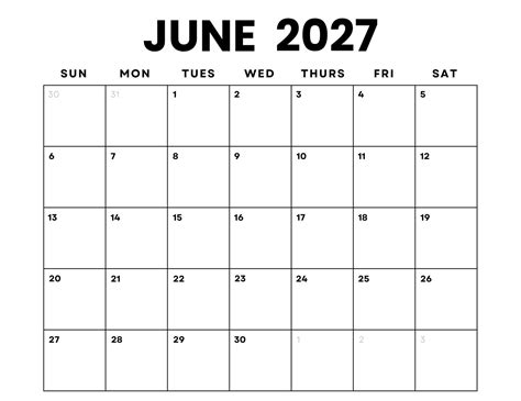June 2027 Monthly Calendar Printable Minimalist Pdf Planner Digital