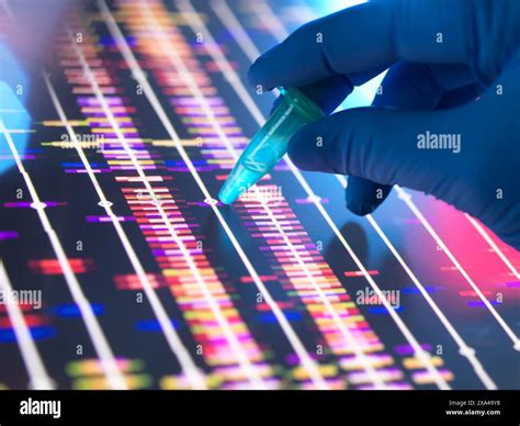 Genomic Research Scientist Holding A Dna Sample In A Vial With The Profile Results On Screen In