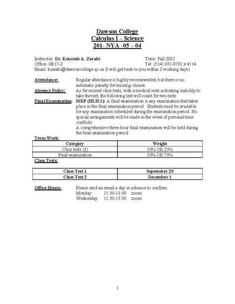 Course Outline Dawson College Calculus I Science 201 Nya 05 04 Instructor Dr Kourosh A