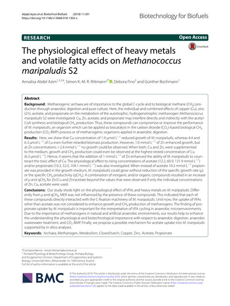 Pdf The Physiological Effect Of Heavy Metals And Volatile Fatty Acids On Methanococcus