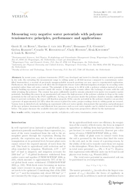 Pdf Measuring Very Negative Water Potentials With Polymer Tensiometers Principles