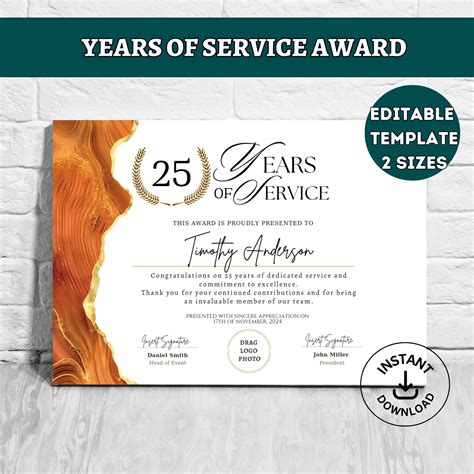 25 Years Of Service Award Certificate For Employee Recognition Editable