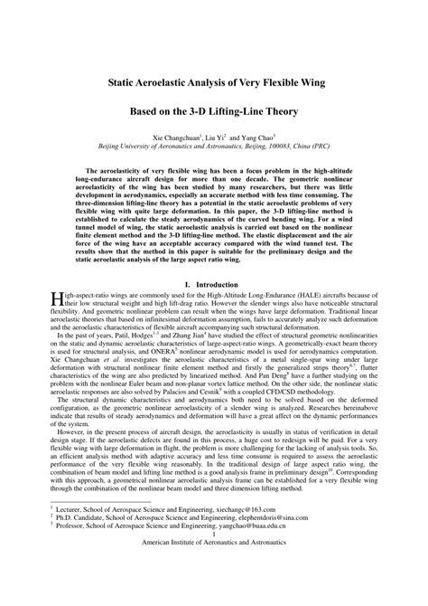 Pdf Static Aeroelastic Analysis Of Very Flexible Wing Based On The 3 D Lifting Line Theory