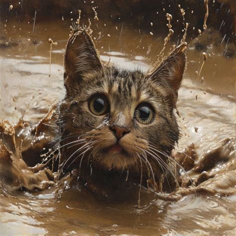 Domestic Cat Activity In The Mud Jumping And Acting Funny Making Its