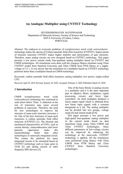 Pdf An Analogue Multiplier Using Cntfet Technology
