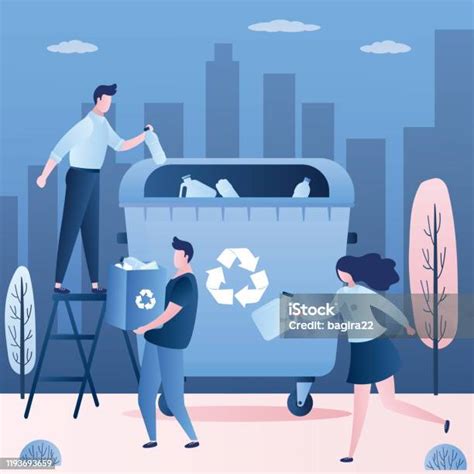 큰 쓰레기통에 플라스틱 쓰레기를 던지는 다양 한 사람들이 있습니다 재활용 및 생태 개념 개념에 대한 스톡 벡터 아트 및 기타