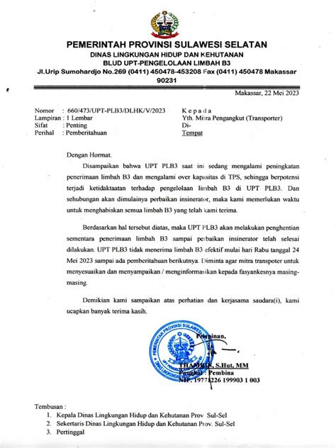 Surat Pemberitahuan Pemberhentian Penerimaan Limbah Pdf