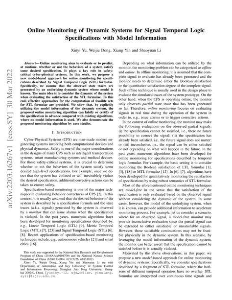 Pdf Online Monitoring Of Dynamic Systems For Signal Temporal Logic Specifications With Model