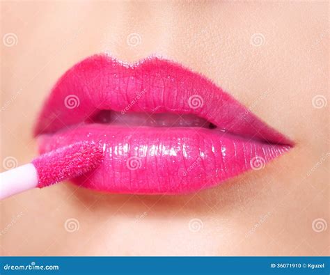Hot Pink Lipstick Lip Gloss On Sexy Lips And Brush Stock Photo Image
