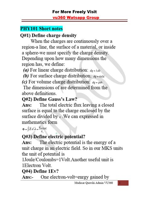 Phy101 Short Notes For Midterm Exam By Mudasar Qureshi Pdf