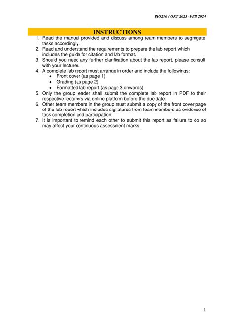 LAB Report Guideline AND Checklist BIO270 OKT 202 3 FEB 2024 1 INSTRUCTIONS 1 Read The