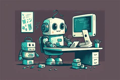 Cute Robot Assistant Helping Busy Office Worker With Various Tasks And Chores Stock