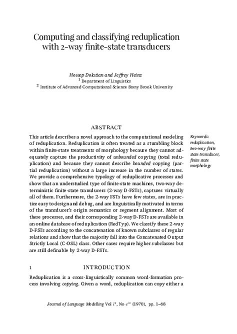Pdf Computing And Classifying Reduplication With 2 Way Finite State Transducers