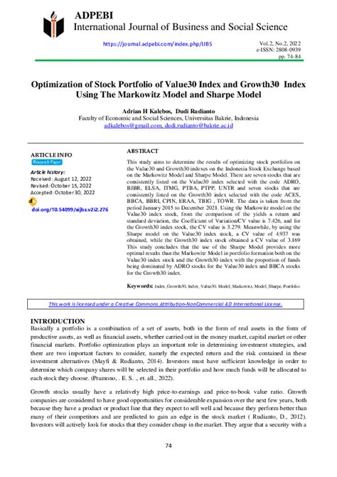 Pdf Optimization Of Stock Portfolio Of Value30 Index And Growth30 Index Using The Markowitz