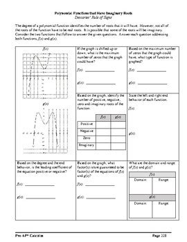 Pre AP Pre Calculus Unit 3 Analysis Of Polynomial Functions W Imaginary Root
