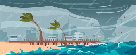 Premium Vector Powerful Hurricane At Sea Near A Coastal City Wreaked