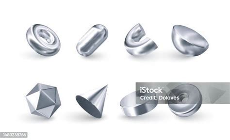 3d 크롬 그림을 설정합니다 벡터 그라데이션 기하학적 개체입니다 홀로그램 실버 도넛 실린더 콘 링 캡슐 정사면체 요소 현대적인 트렌디 한 디자인 원기둥에 대한 스톡 벡터