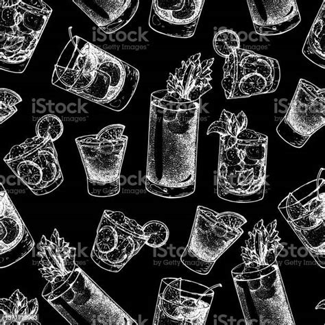 칵테일 은 매끄러운 패턴을 손으로 그린 벡터 그림입니다 알코올 칵테일 스케치 세트 각인 된 스타일 막대에 대한 디자인