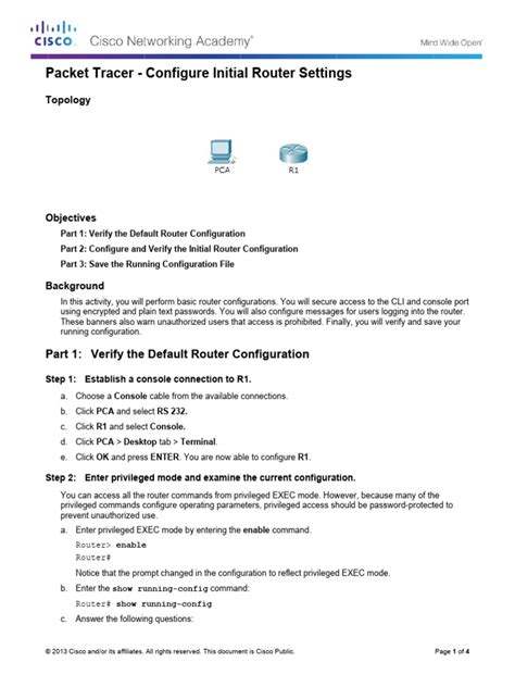 6 4 1 2 Packet Tracer Configure Initial Router Settings Pdf Command Line Interface