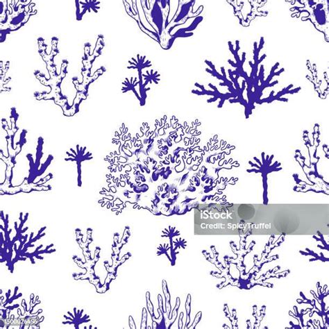 해초 산호초 실루엣 패턴입니다 손으로 그린 해양 자연 여름 수생 식물 바다 또는 수족관 조류와 다시마 바다 인쇄 장식 직물 포장지 벡터 원활한 배경 그래픽 프린트에 대한