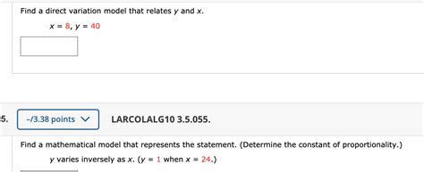 solved find a direct variation model that relates y and x x