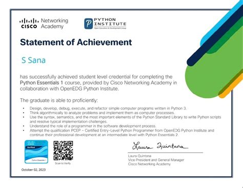 S Sana On Linkedin Completed Python Essentials 1 Course Issued By Cisco