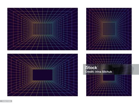 3d 스타일의 원근감 있는 그리드 룸 세트 무지개 레이저 빔의 실내 와이어프레임 디지털 빈 상자 추상적인 기하학적 디자인 0명에 대한 스톡 벡터 아트 및 기타 이미지