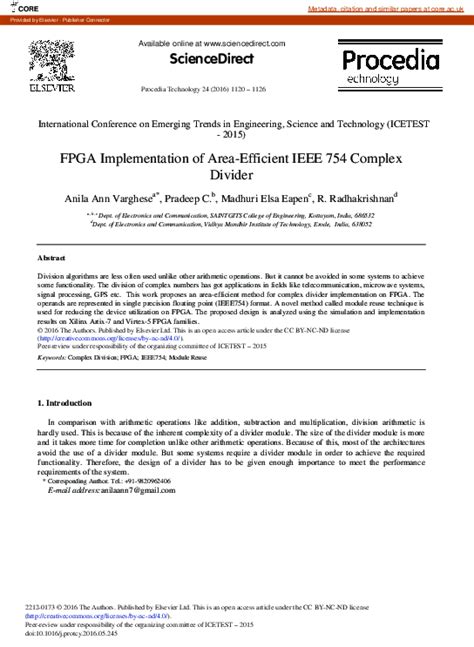 Fpga Implementation Of Area Efficient Ieee 754 Complex Divider