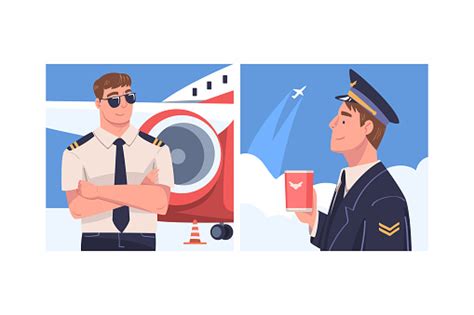 모자를 쓰고 선글라스와 머그잔에 미소 짓는 벡터 세트를 입은 남자 항공기 조종사 또는 비행사 남자에 대한 스톡 벡터 아트 및 기타 이미지 Istock