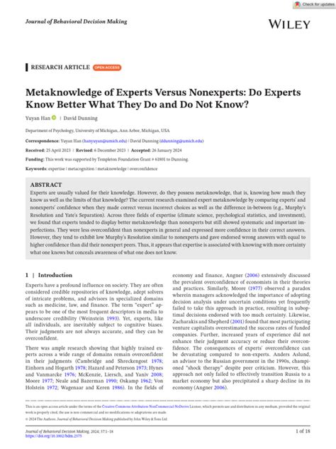Behavioral Decision Making 2024 Han Metaknowledge Of Experts Versus Nonexperts Do Experts