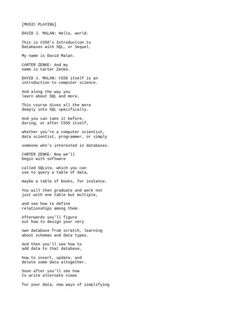English Cs50 Sql Introduction Downsub Com Pdf