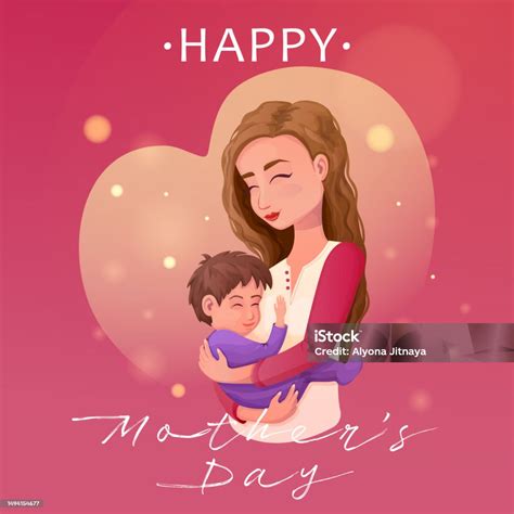 만화 스타일로 하트 모양으로 웃고 있는 아이를 안고 있는 여성 엄마와 아기 포스터 텍스트가 있는 카드와 함께 해피 어머니의 날 인사 벡터 그림 가공의 인물에 대한 스톡 벡터