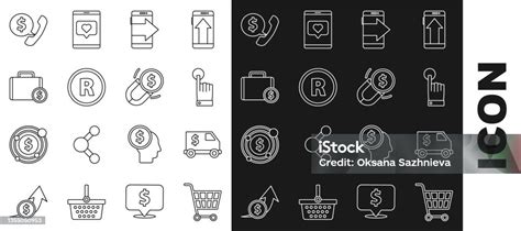 세트 라인 쇼핑 카트 장갑 트럭 손 터치 및 탭 제스처 스마트 폰 휴대 전화 등록 상표 서류 가방 돈 전화 단말기 음성 거품 채팅 및 자석 아이콘 벡터 아이콘에 대한 스톡