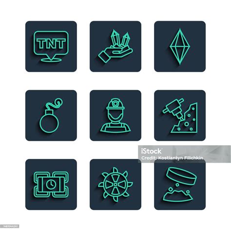 세트 라인 다이너마이트 버킷 휠 굴삭기 철 먼지를 들고 있는 거대한 자석 보석 광부 헬멧 폭탄 및 건설 착암기 아이콘 벡터