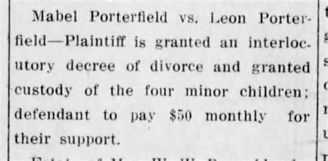 Mabel Porterfield Vs Leon Porterfield Divorce 7 Sep 1916 Santa