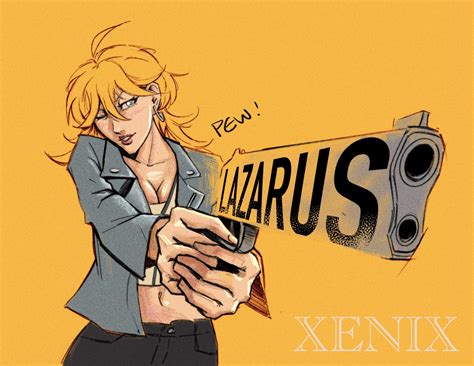 Christine Lazarus Lazarus Highres 1girl Ahoge Aiming Artist Name Blonde Hair Blue Eyes