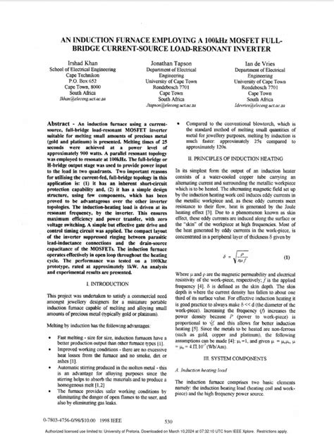 An Induction Furnace Employing A 100 Khz Mosfet Full Bridge Current Source Load Resonant