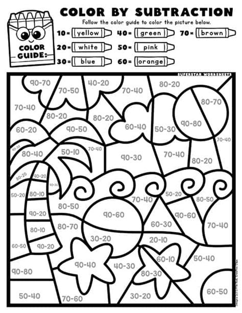 3 Digit Subtraction Summer Color By Number Tree And Sunset Worksheets Library