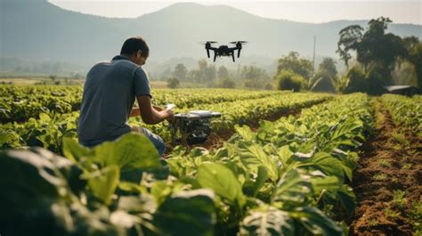 Premium Photo Photograph Of Farmer Using Drone To Monitor Crop Health In Field Of Organic Produce