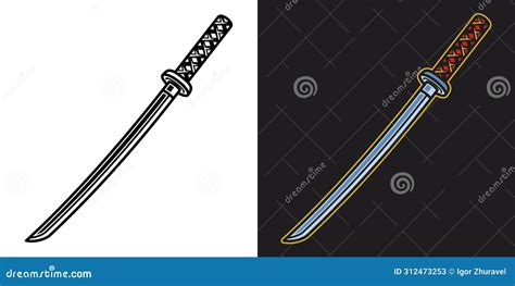 Katana Sword Vector Object Or Element In Two Styles Black On White And Colored On Dark