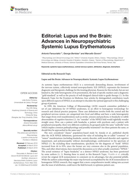 Pdf Editorial Lupus And The Brain Advances In Neuropsychiatric Systemic Lupus Erythematosus