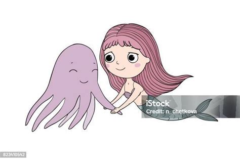 귀여운 만화 인 어 그리고 문 어입니다 사이렌입니다 바다 테마입니다 흰색 바탕에 고립 된 개체를 드로잉 핸드입니다 검은색에 대한 스톡 벡터 아트 및 기타 이미지 Istock