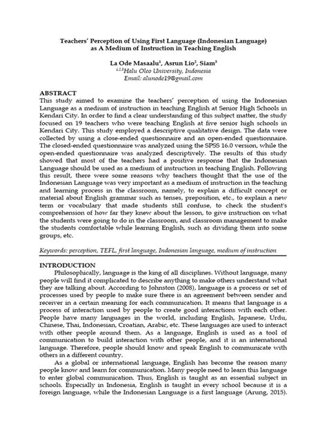 Teachers Perception Of Using First Language Indonesian Language As A