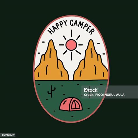 배지 스티커 패치 티셔츠 디자인 등을위한 행복한 야영자 사막 언덕 자연 디자인 배지에 대한 스톡 벡터 아트 및 기타 이미지 배지 사막 캠핑 Istock