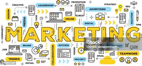 벡터 라인 아이콘 및 태그 클라우드 흰색 배경에 인쇄 술 레터링 노란 단어를 마케팅의 창조적인 그림 마케팅 기술 개념입니다 개념에 대한 스톡 벡터 아트 및 기타 이미지