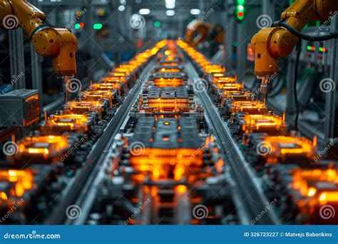 modern ev factory robot arms transporting battery modules in automated