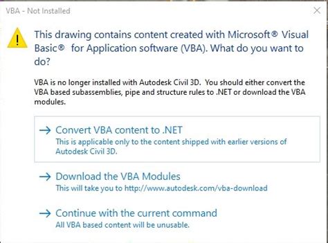civil 3d 2023 vba not installed always showing up when opening a